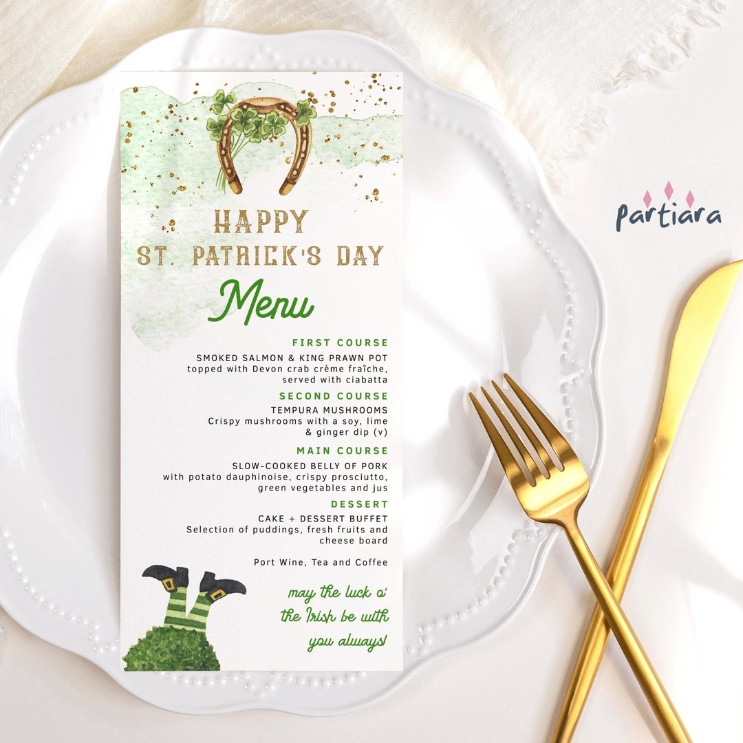 St Patricks Day Menu Card Printable, Irish Theme Birthday Table Menus ...