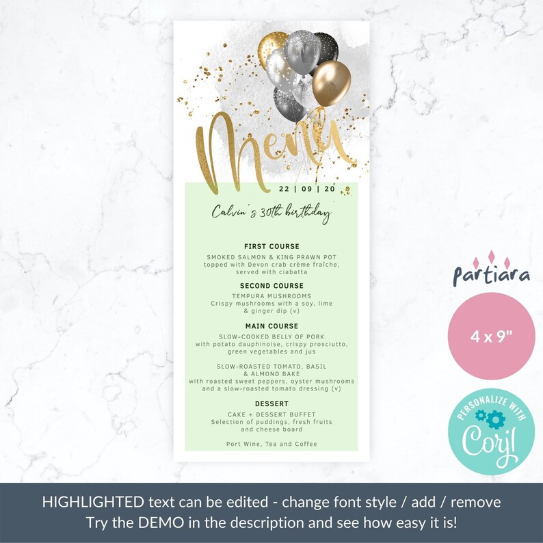 Black Silver Gold Menu Card Printable Balloons Mens or Ladies - Etsy