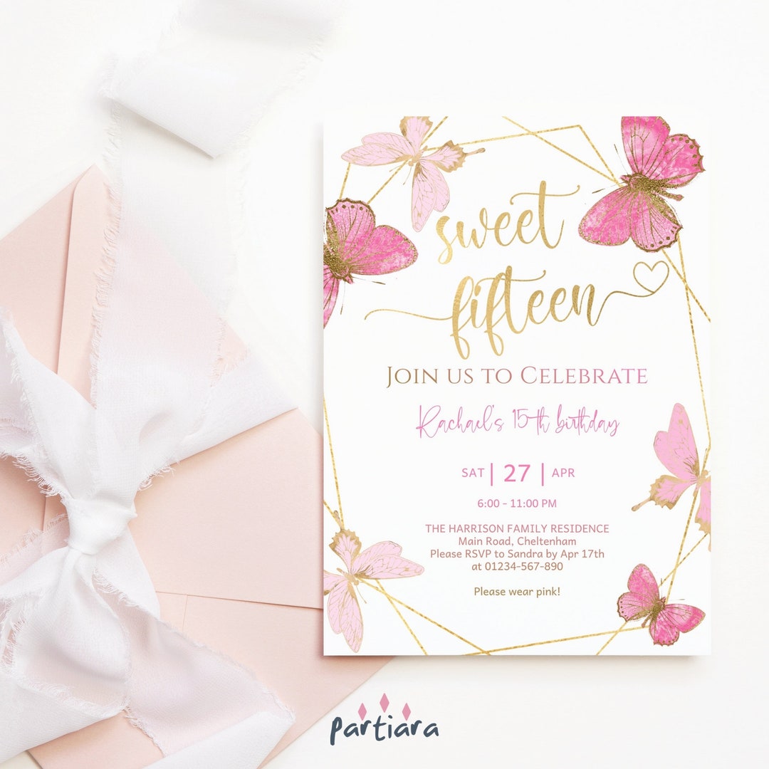 Sweet Fifteen 15th Birthday Invitation Girl Pink Gold Butterfly Brunch ...