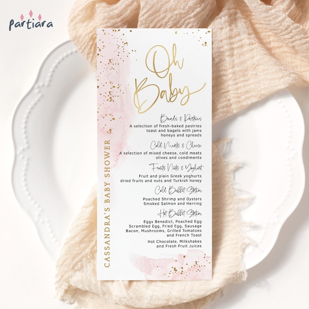 Baby Girl Menu Card Baby Shower Slim Table Menus Printable Blush Pink ...