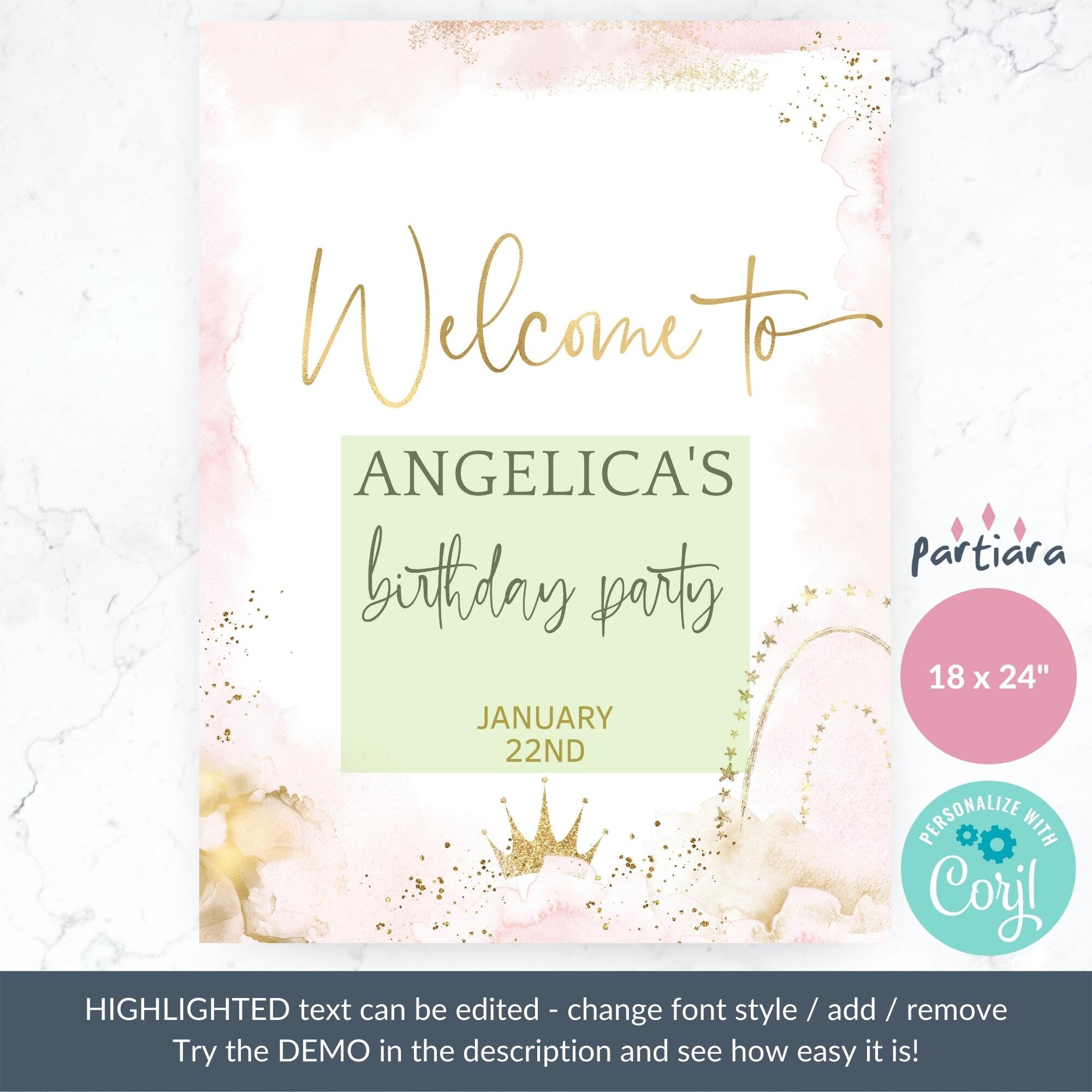 Princess Birthday Welcome Sign, Pink Gold Rainbow, Editable Template ...