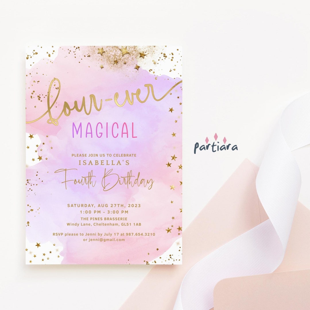 Four Ever Magical Invite Girl 4th Birthday Party Invitations Printable ...
