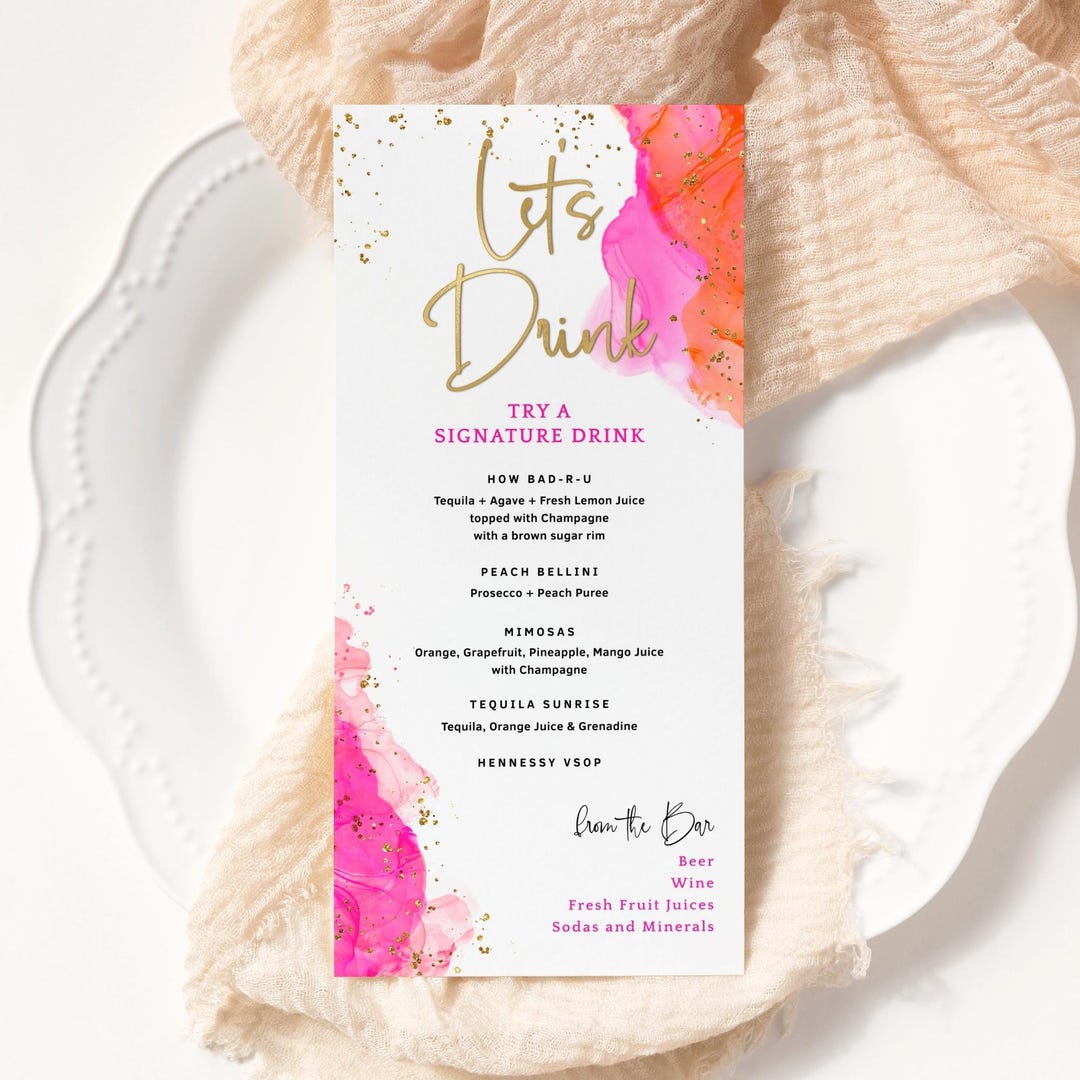 Birthday Drinks Menu, Bar Menus Printable, Hot Pink Orange Table Decor ...