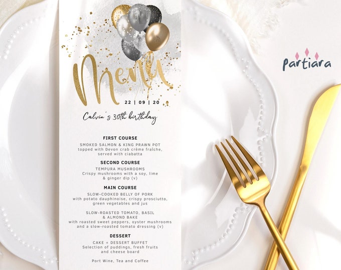 Editable Any Age Luxury Black Gold Birthday Dinner Menu, Editable Table ...
