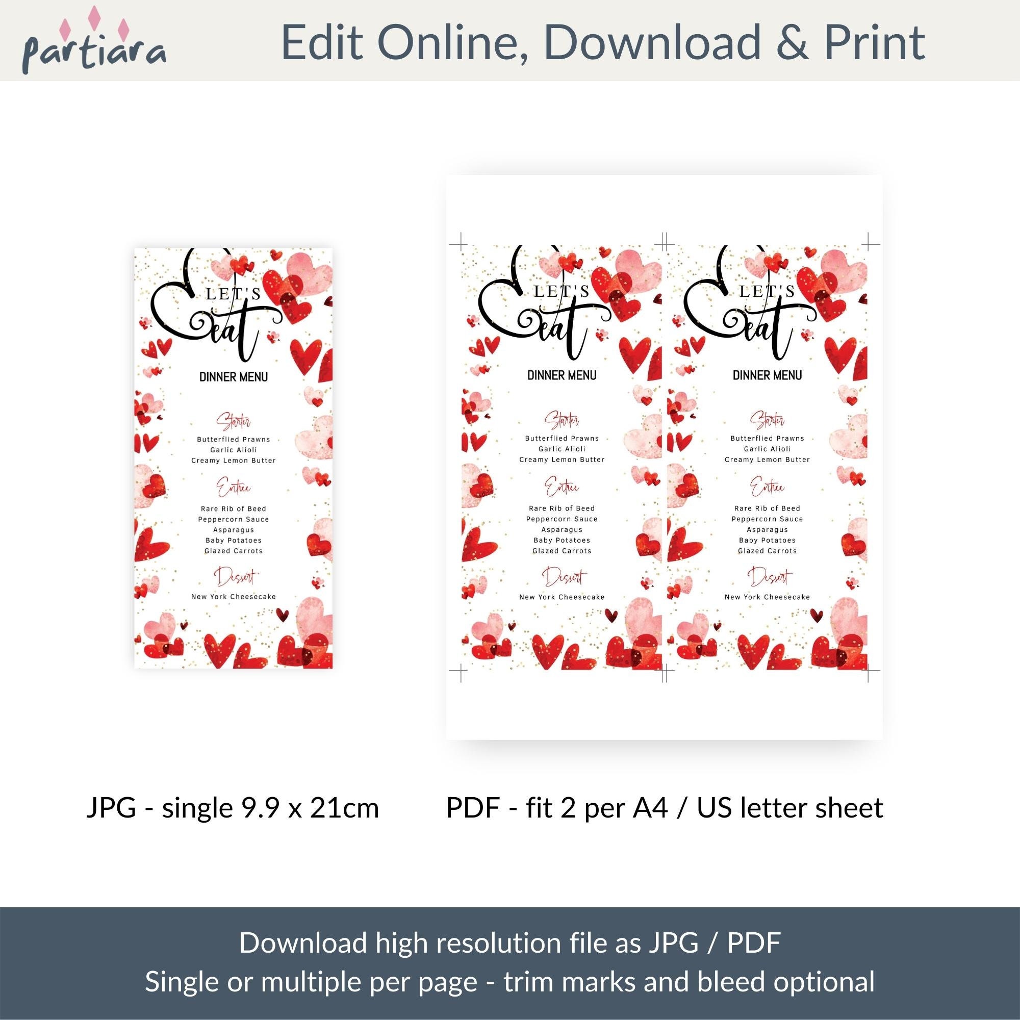 Valentines Dinner Menu Love Hearts Anniversary Party Table - Etsy