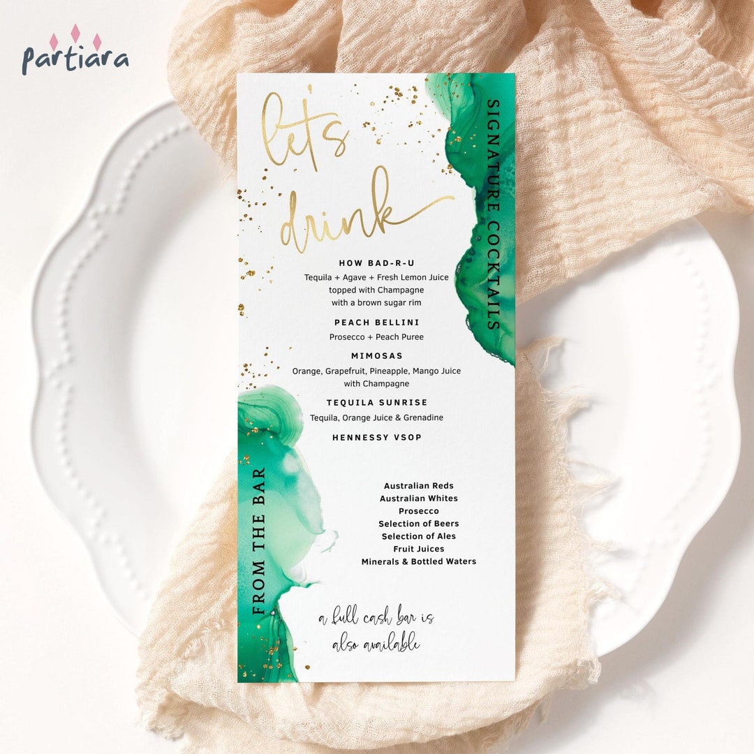 Emerald Birthday Drinks Menu Card Printable, Ladies Green Gold Dinner ...