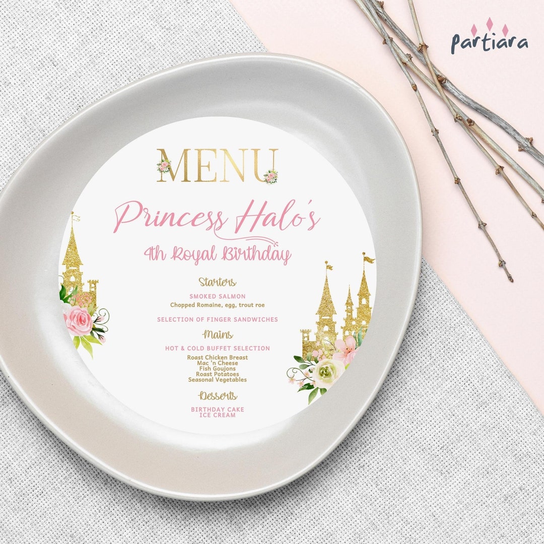 Princess Party Menu Plate Charger Printable Girl Baby Shower Birthday ...