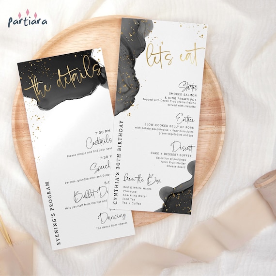 Black Gold Menu and Program DIY Editable Adult Birthday Party - Etsy