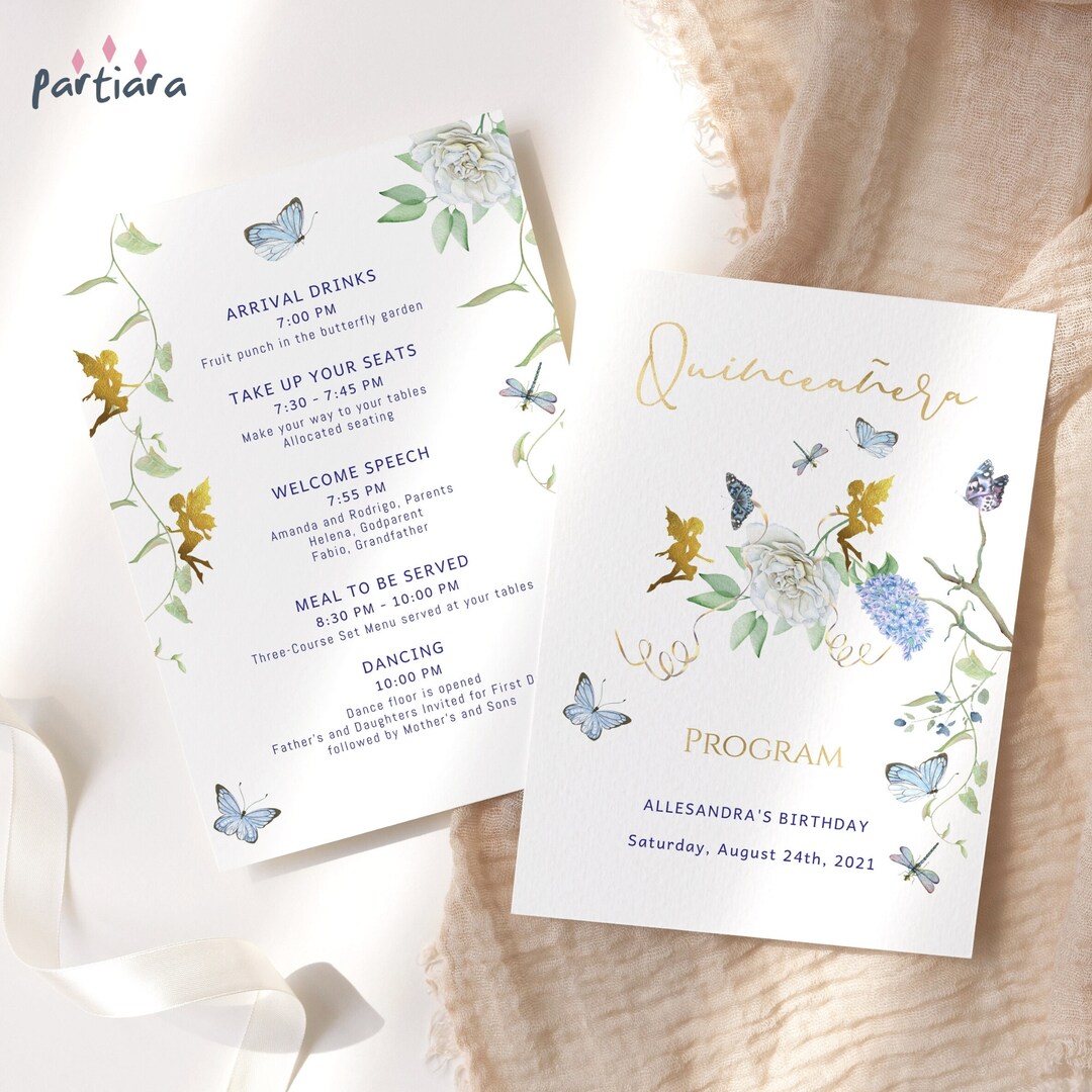 Quinceanera Program Card Butterfly Fairy Enchanted Forest Dinner Party ...