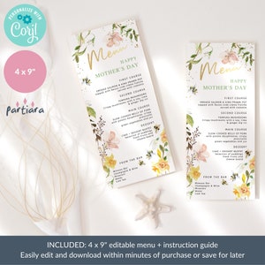 Mother's Day Menu Editable DIY Birthday Menus for Moms Garden Tea Party ...