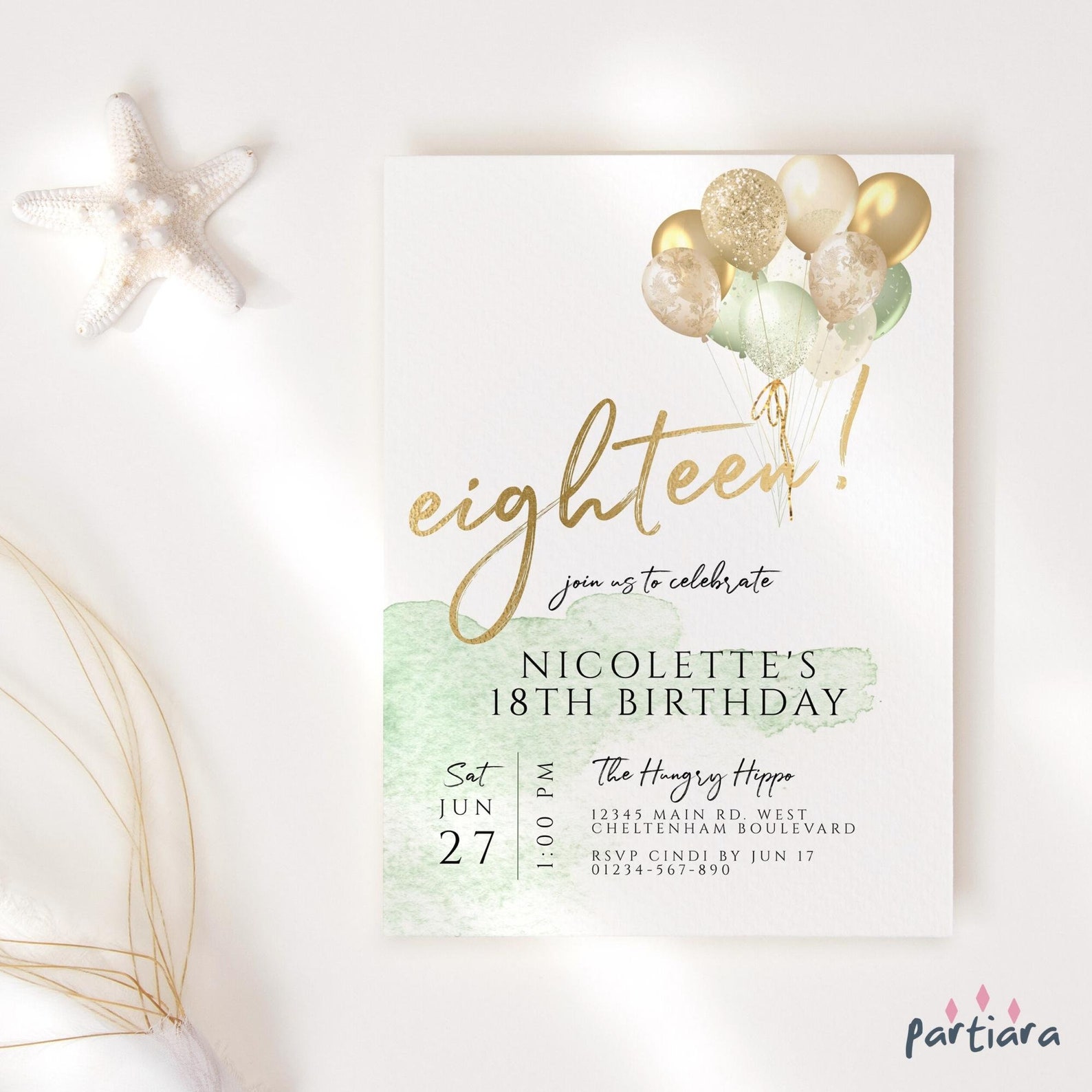 Mint Green Gold 18th Birthday Invitation Printable Ladies Party Invite ...