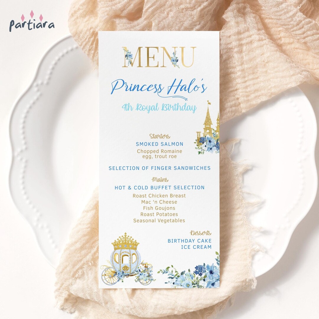 Blue Gold Princess Birthday Menu Editable Template Girls Quinceanera ...