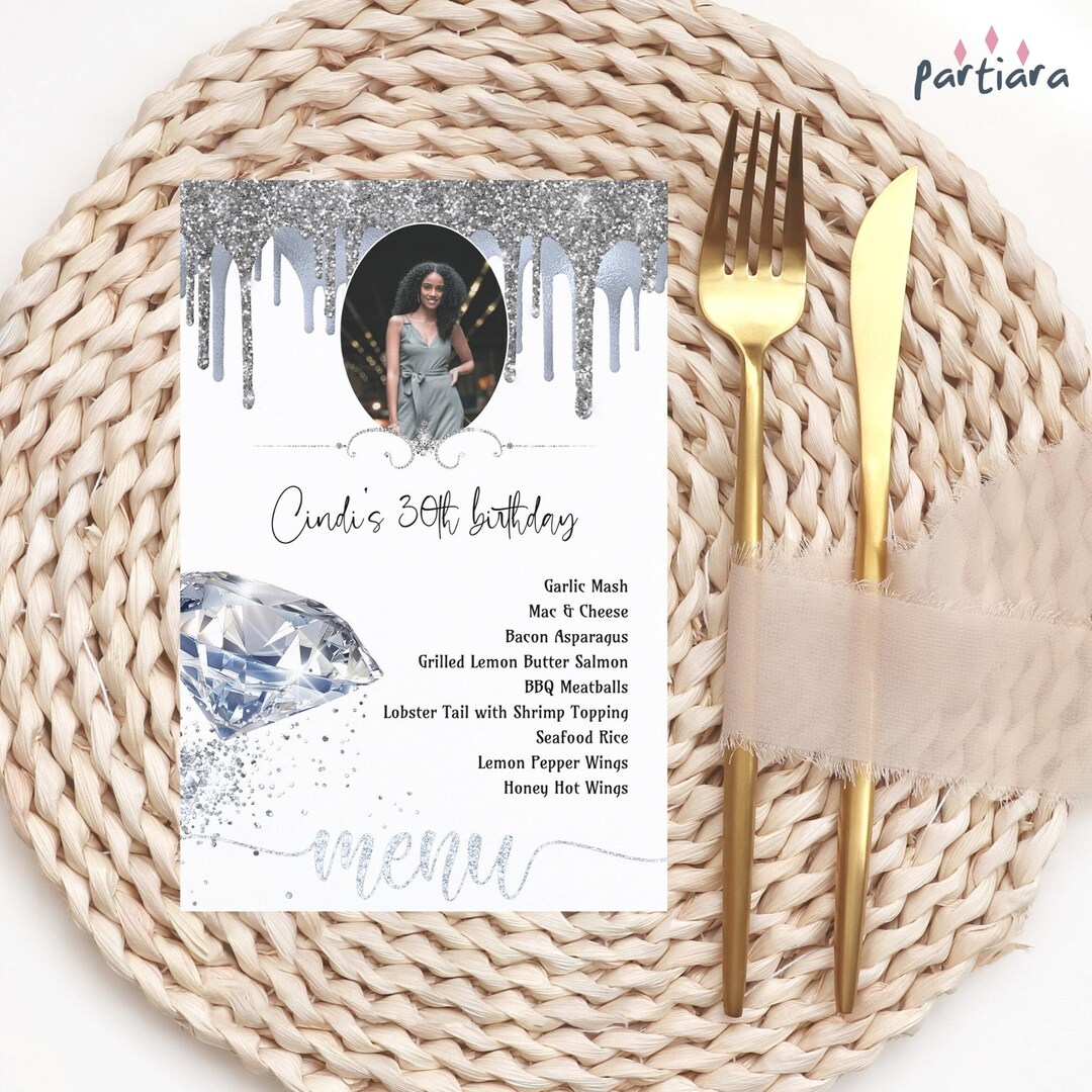 Birthday Photo Menus Printable Ladies All White Silver Diamond Dinner ...