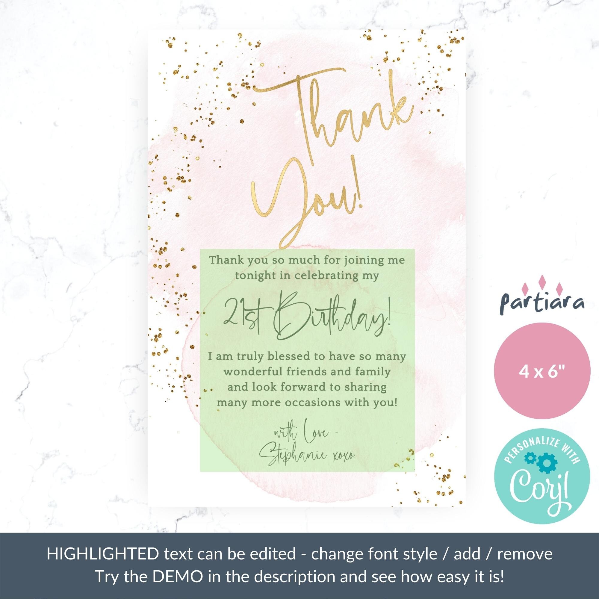 Blush Pink Gold Thank You Card Printable Ladies 21st Birthday - Etsy