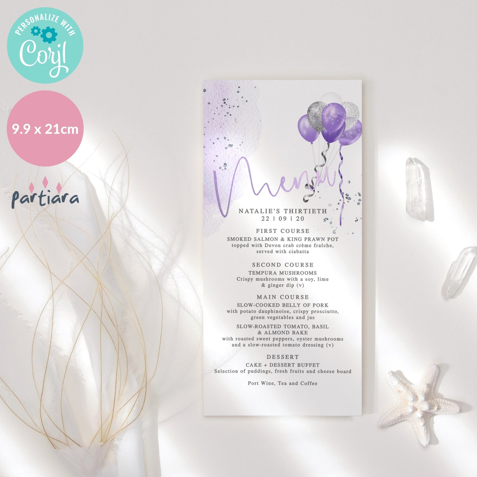 Purple Menu Card, Birthday Dinner Menus Printable, Ladies Table Menu ...