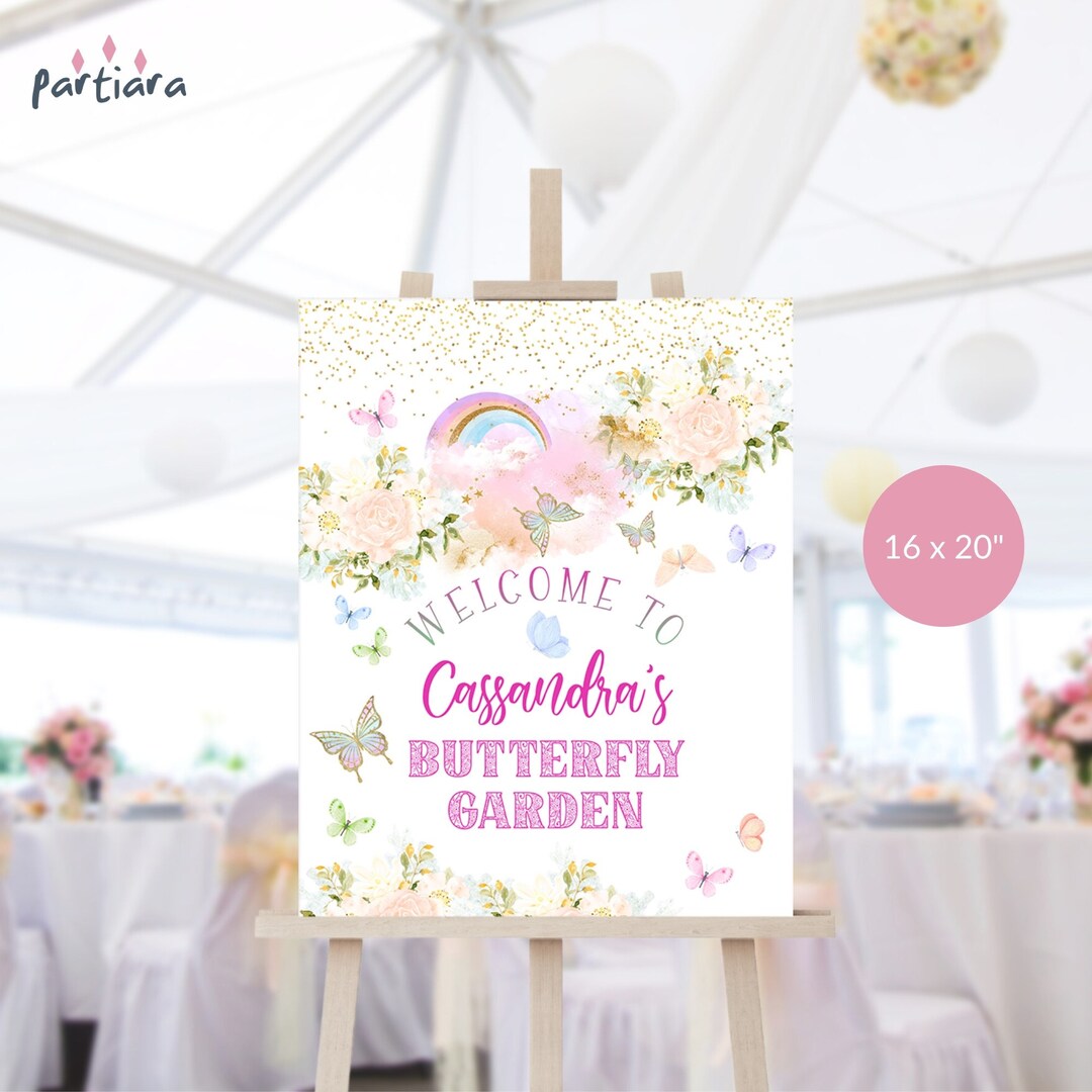 Enchanted Garden Party Welcome Sign Rainbow Butterfly Floral Pastel ...