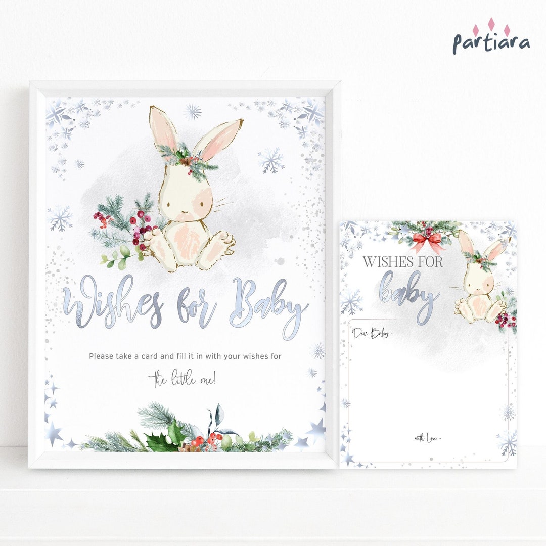 Wishes for Baby Snow Bunny Sign and Notecard Set Christmas Baby Shower ...