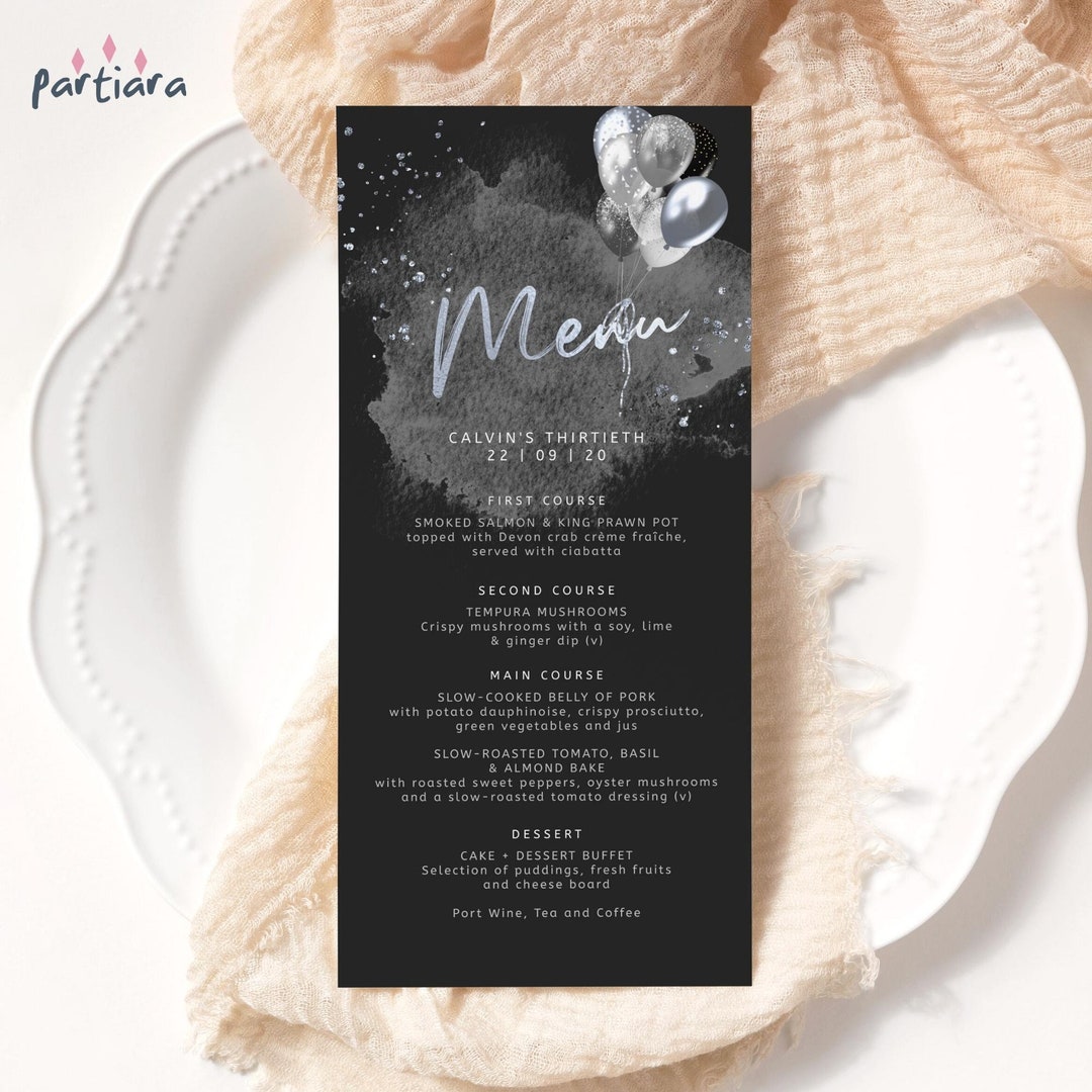 Editable Black and Silver Menu Template, Birthday Party Dinner Menus ...