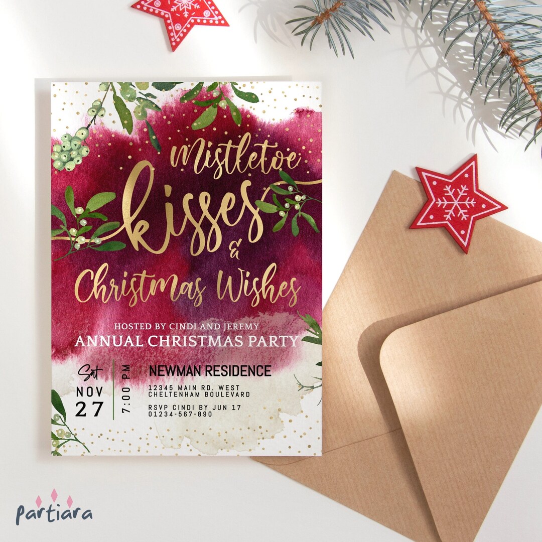 Red Christmas Invitation Mistletoe Kisses Cocktail Party Invite ...