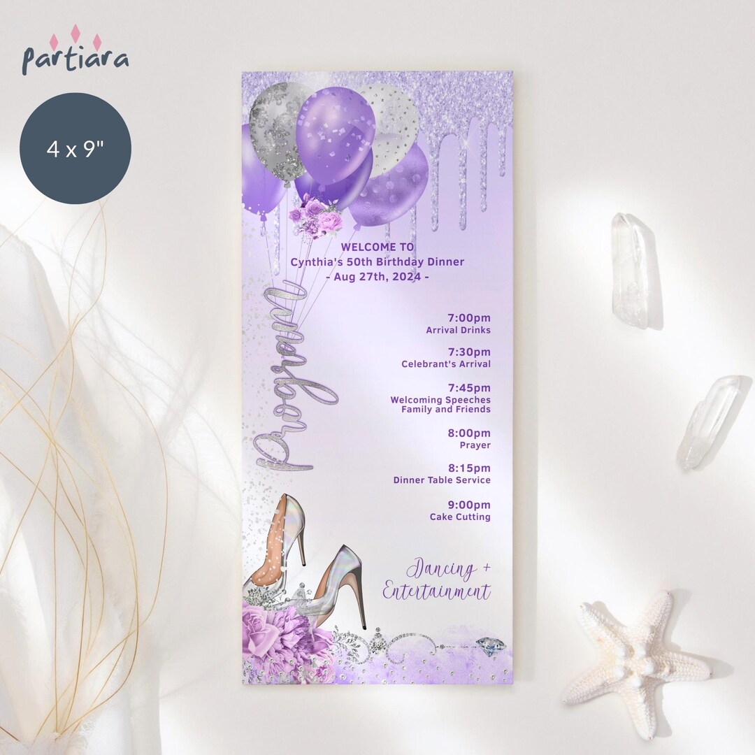 Purple Silver Program Card Printable, Ladies Birthday Dinner Table ...