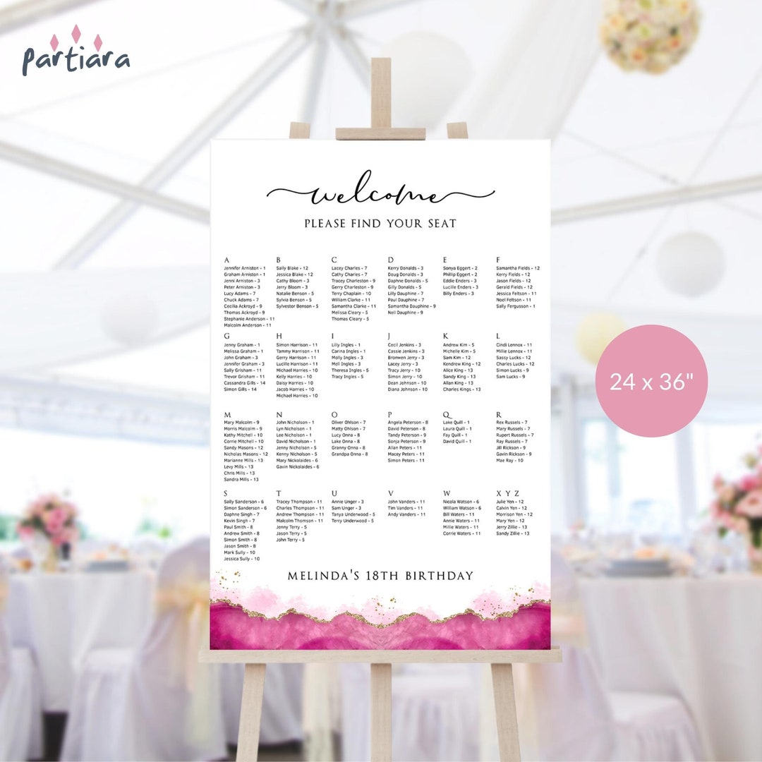 Fuchsia Pink Seating Chart Template, Ladies Birthday Party Seating Sign ...