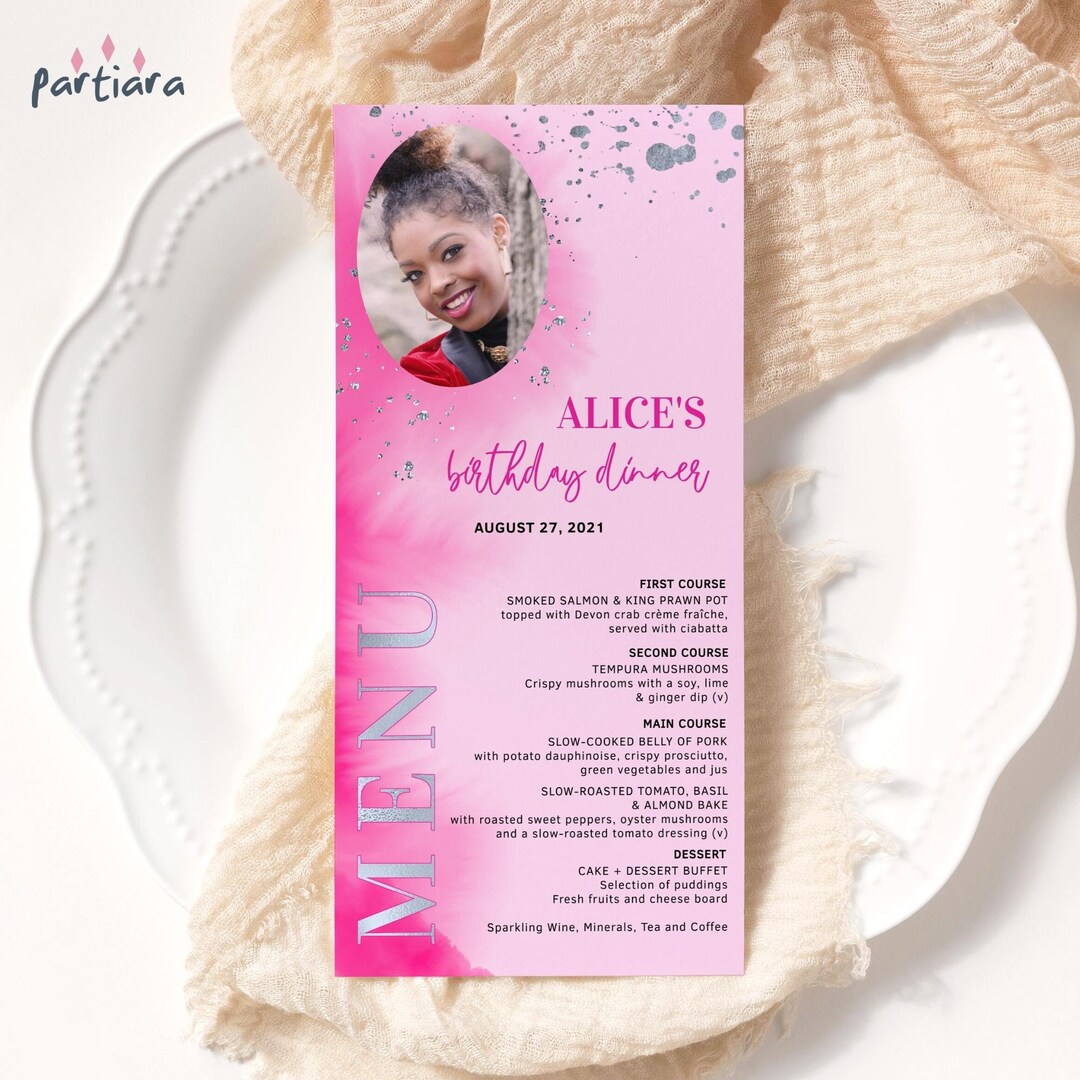 Pink Silver Birthday Menu Card Photo Menus Ladies Dinner Party Table ...