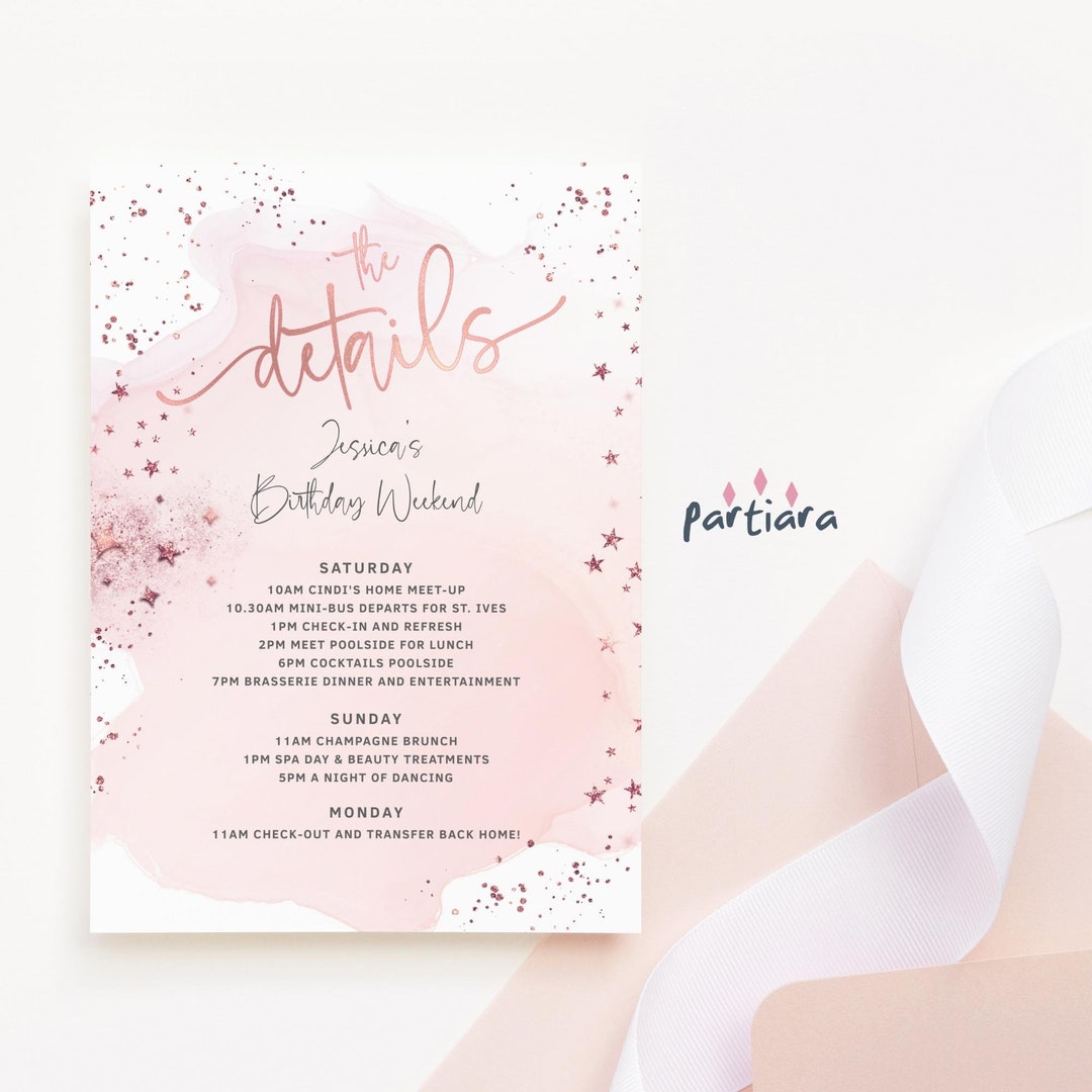 Rose Gold Itinerary Card, Birthday Details Program Template for Ladies ...