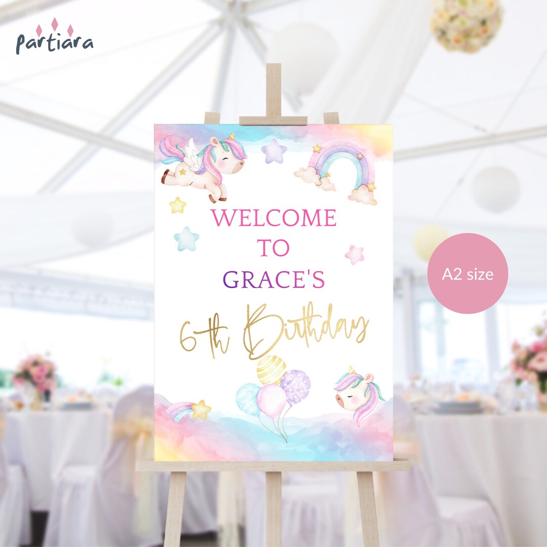 Unicorn 6th Birthday Sign: Girls Rainbow Party Welcome Poster Editable ...