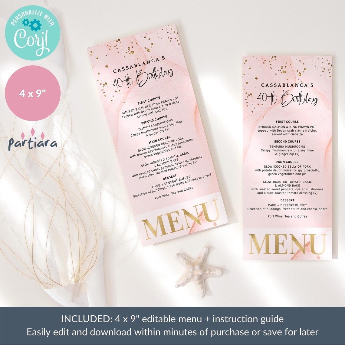 Pink Brunch Menu Card Editable Template, Birthday Dinner Menus ...