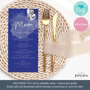 Blue Menu Card Template, Mens Birthday Dinner Menus Printable, Navy ...
