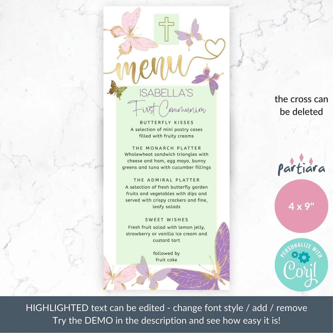 Butterfly Menu Template, Girl Holy Communion Party Table Menus ...