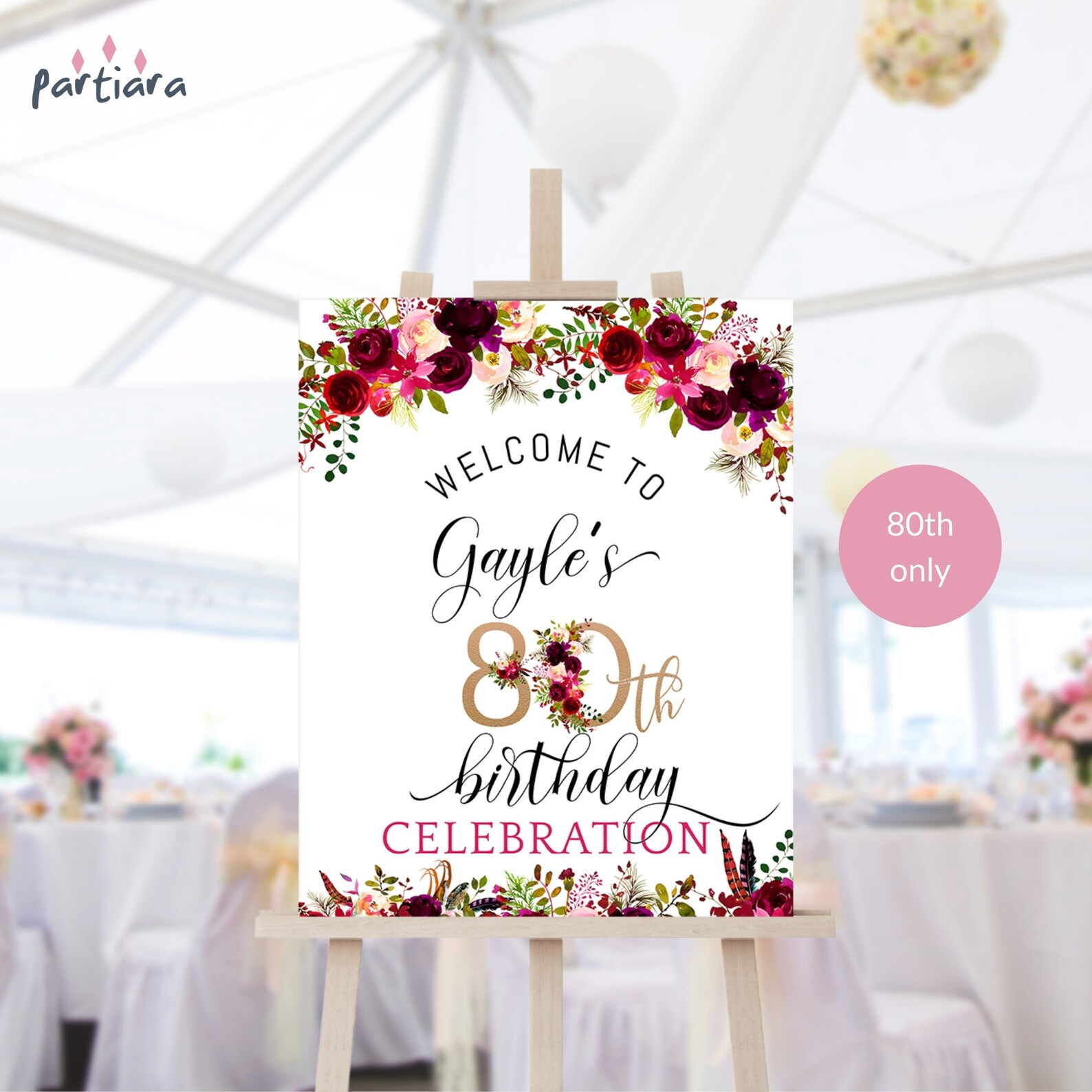 80th Birthday Welcome Sign for Ladies, Floral Rose Gold Purple Blush ...