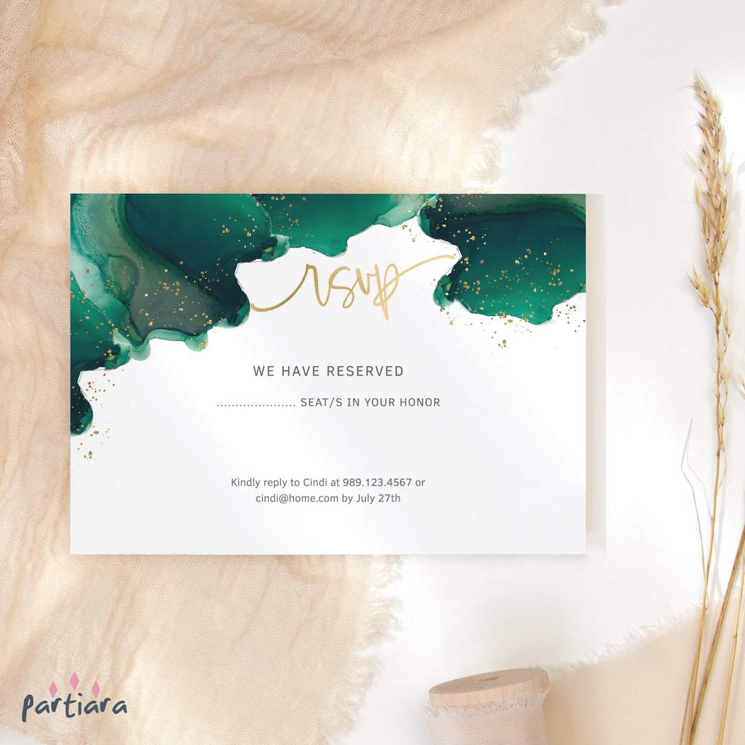 Editable Birthday RSVP Card Template, Emerald Green and Gold Dinner Party Invitation Response ...