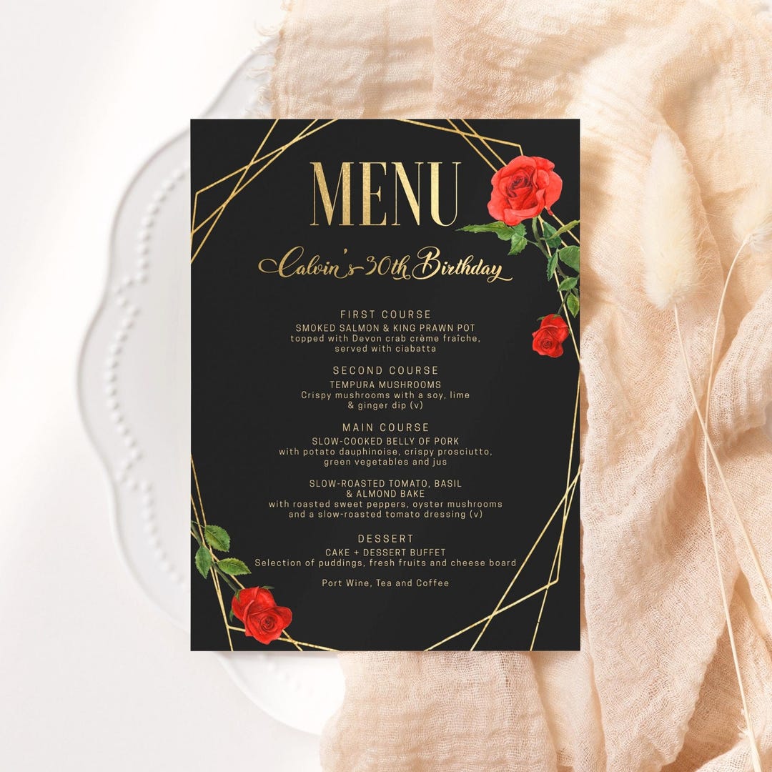 Valentines Day Menu Template, Red Roses Dinner Party Menus Editable ...