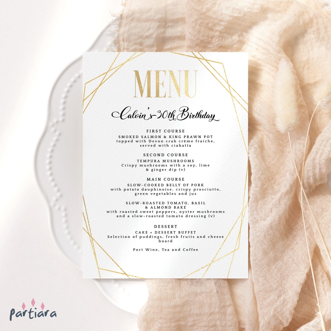 Birthday Menu Dinner Party Table Menus Printable, Editable Menu ...