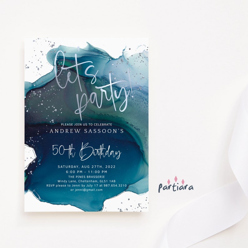 Blue Silver Birthday Invite Printable Men or Ladies Teal Blues - Etsy