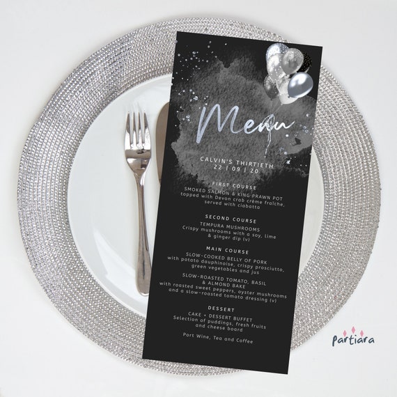 Editable Black and Silver Menu Template Birthday Party Dinner | Etsy