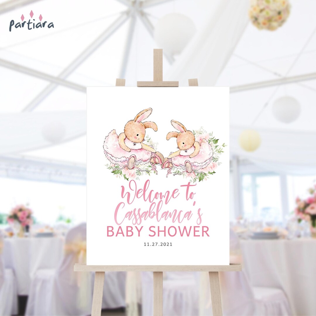 Bunny Baby Shower Welcome Sign Editable Template, Girl Twin Bunnies ...