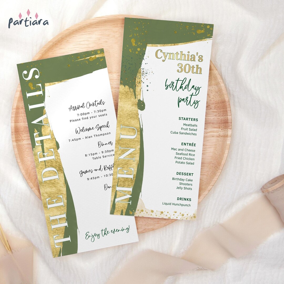 Party Program Template Sage Green Birthday Programs Printable, Menu and ...