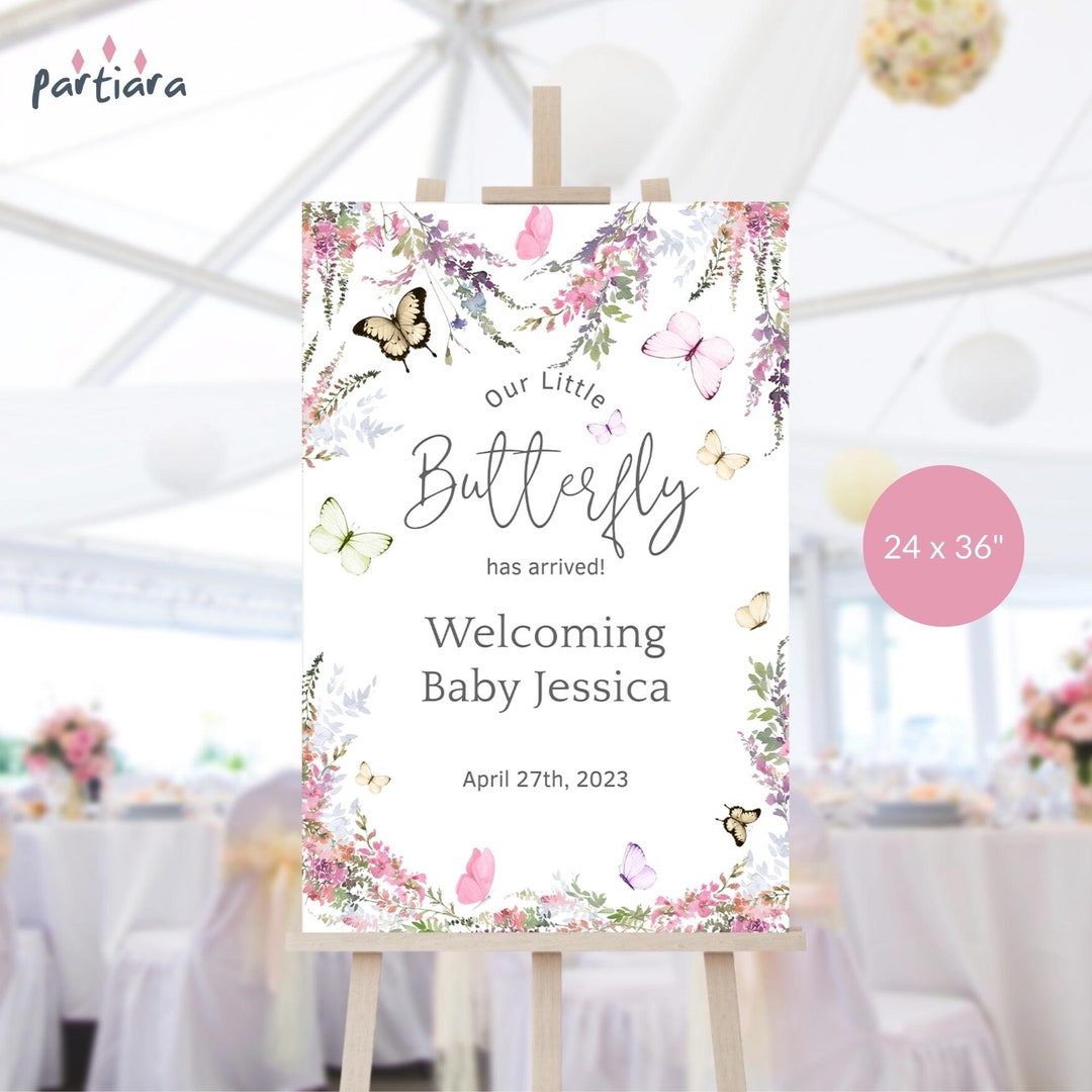 Baby Butterfly Sign, Girl Baby Shower Welcome Sign Printable, A Little ...