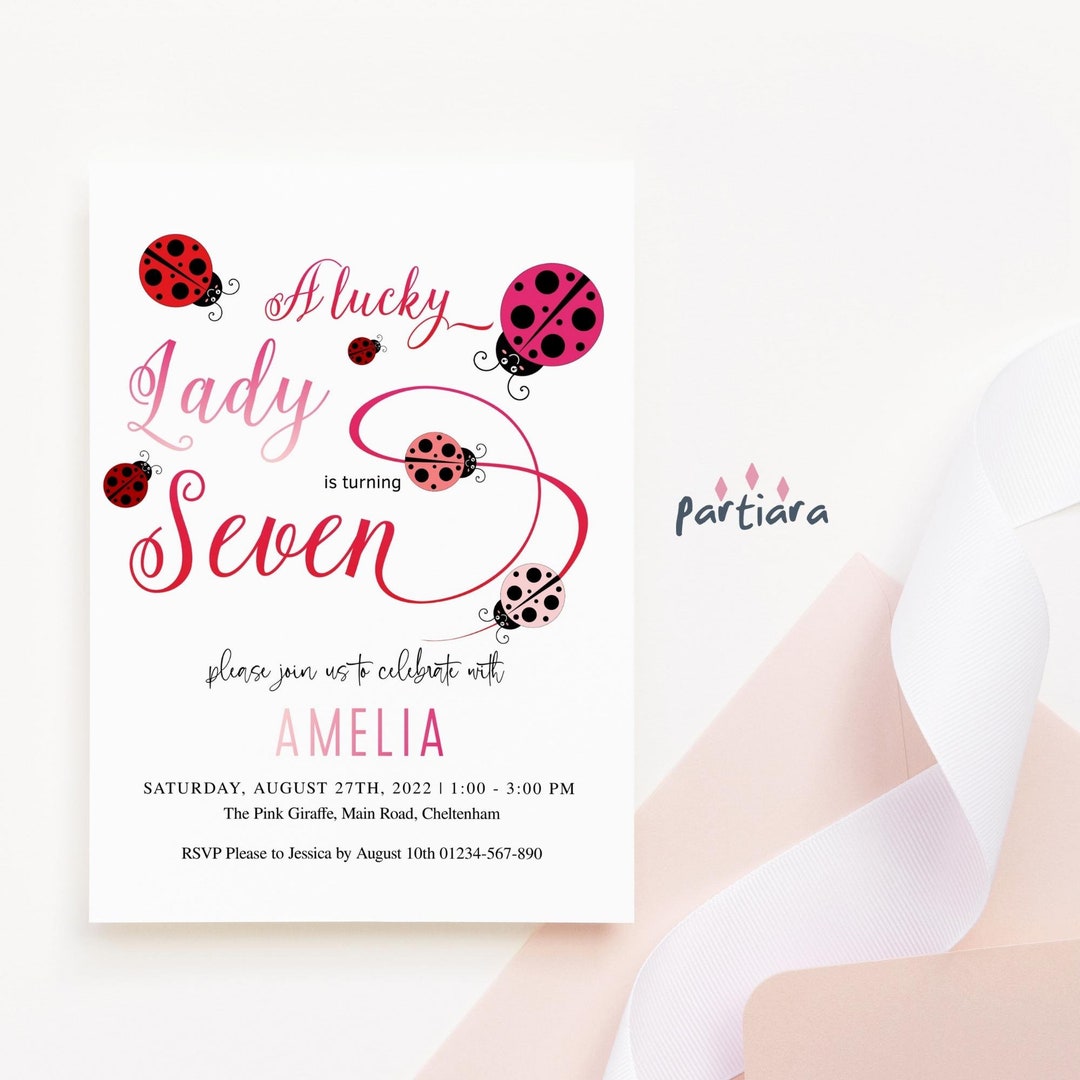 Lucky Ladybug 7th Birthday Invitation Printable Girl Ladybird Tea Party ...