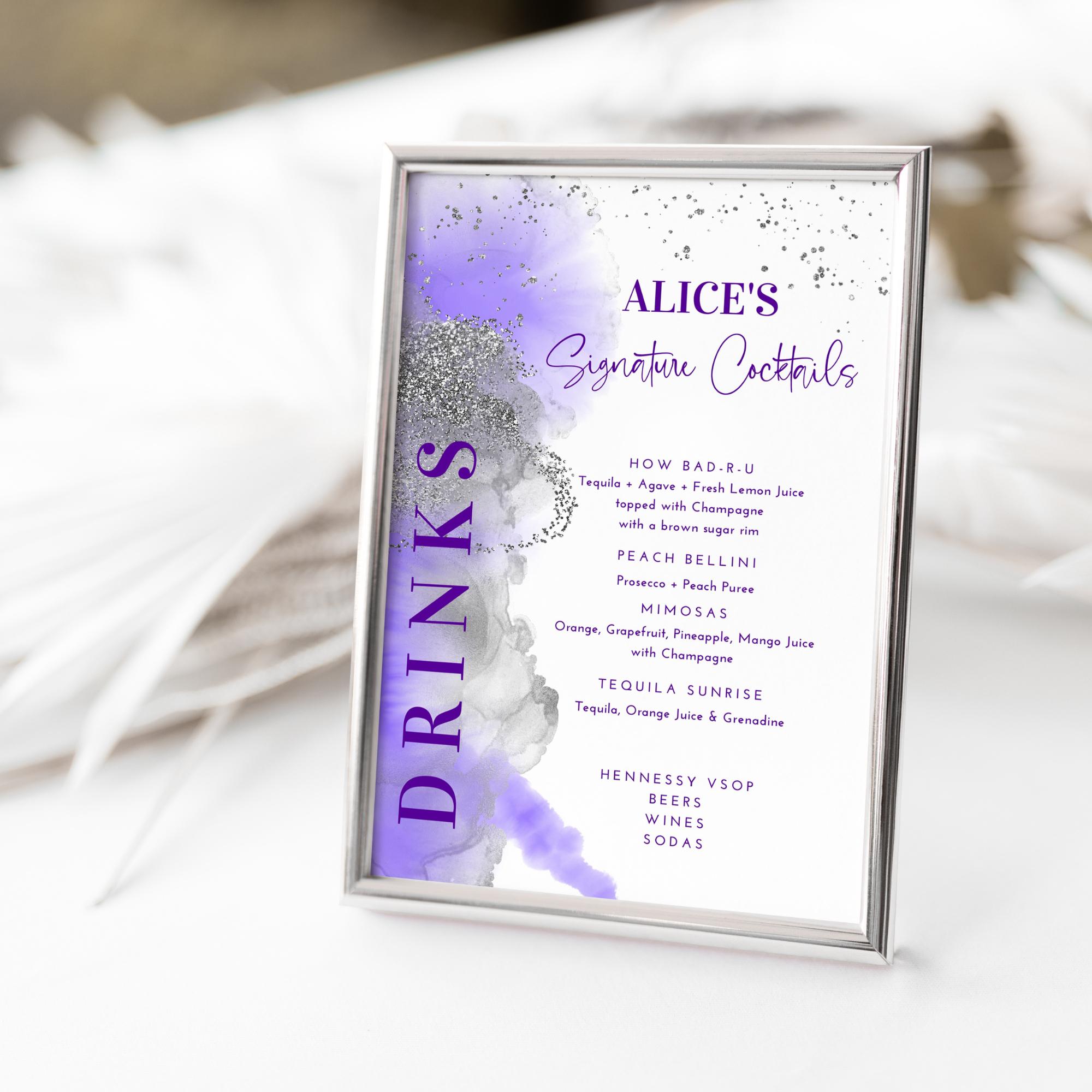 Editable Drinks Menu Template: Purple Signature Bar Menus for Ladies ...