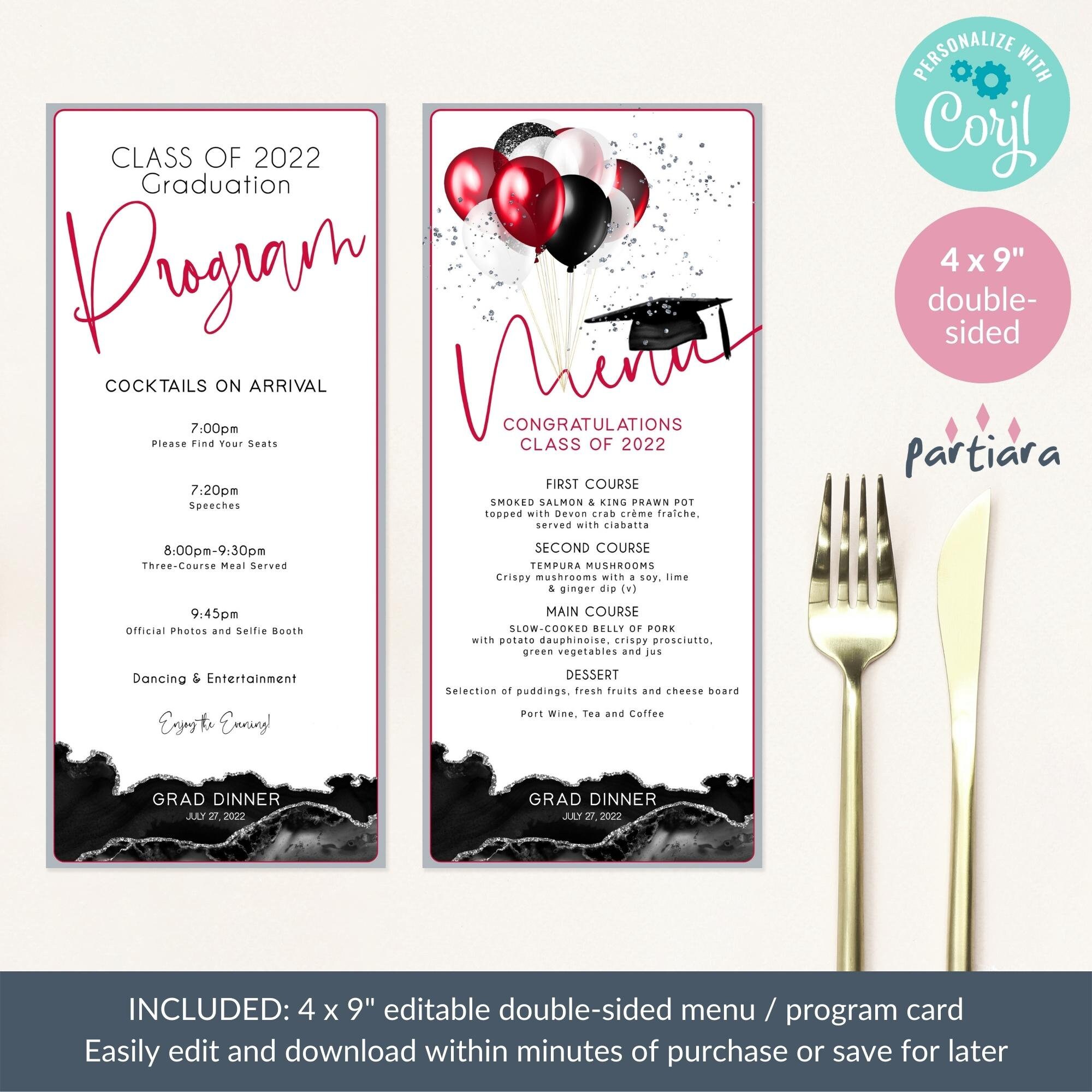 Graduation Menu Program Printable Grad Class of 2022 Dinner - Etsy