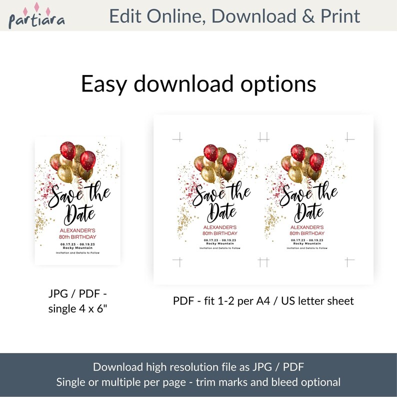 Editable Save the Date Red Gold Birthday Balloons Party Save - Etsy