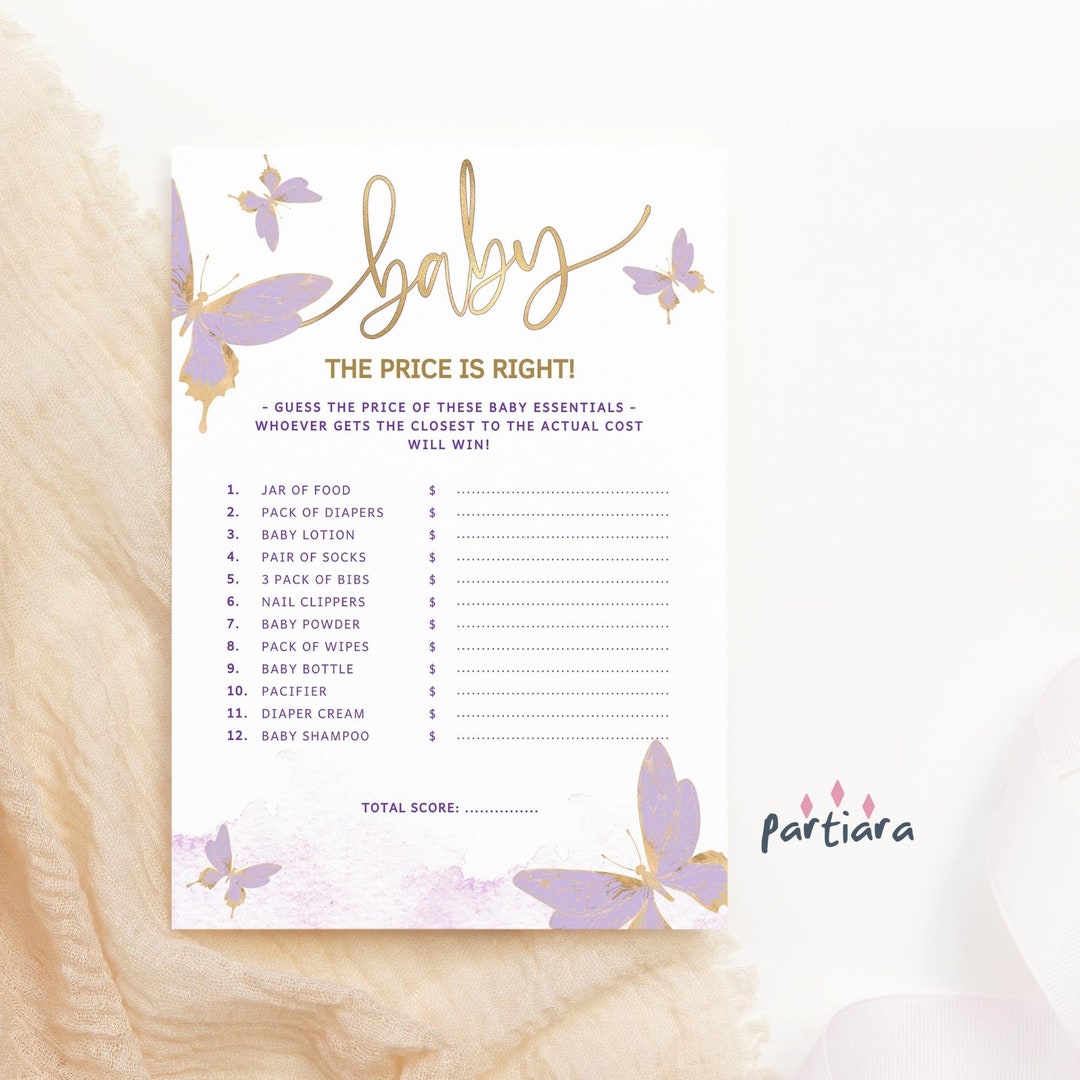 Price is Right Game Butterfly Baby Shower Template, Girls Purple Lilac ...