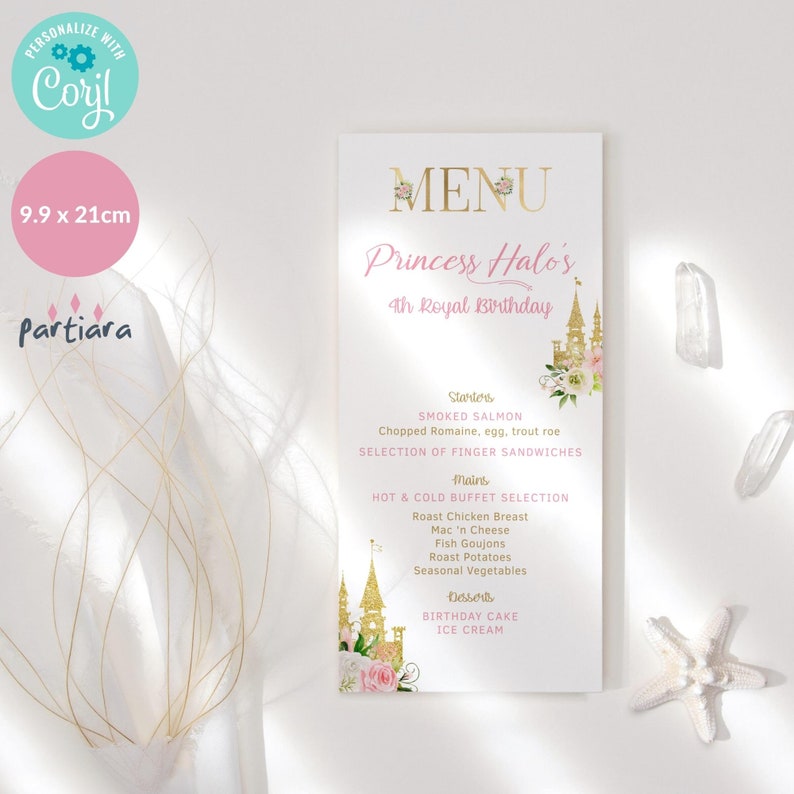 Princess Baby Shower Menu Printable Girl 1st Birthday Party Table Menus ...