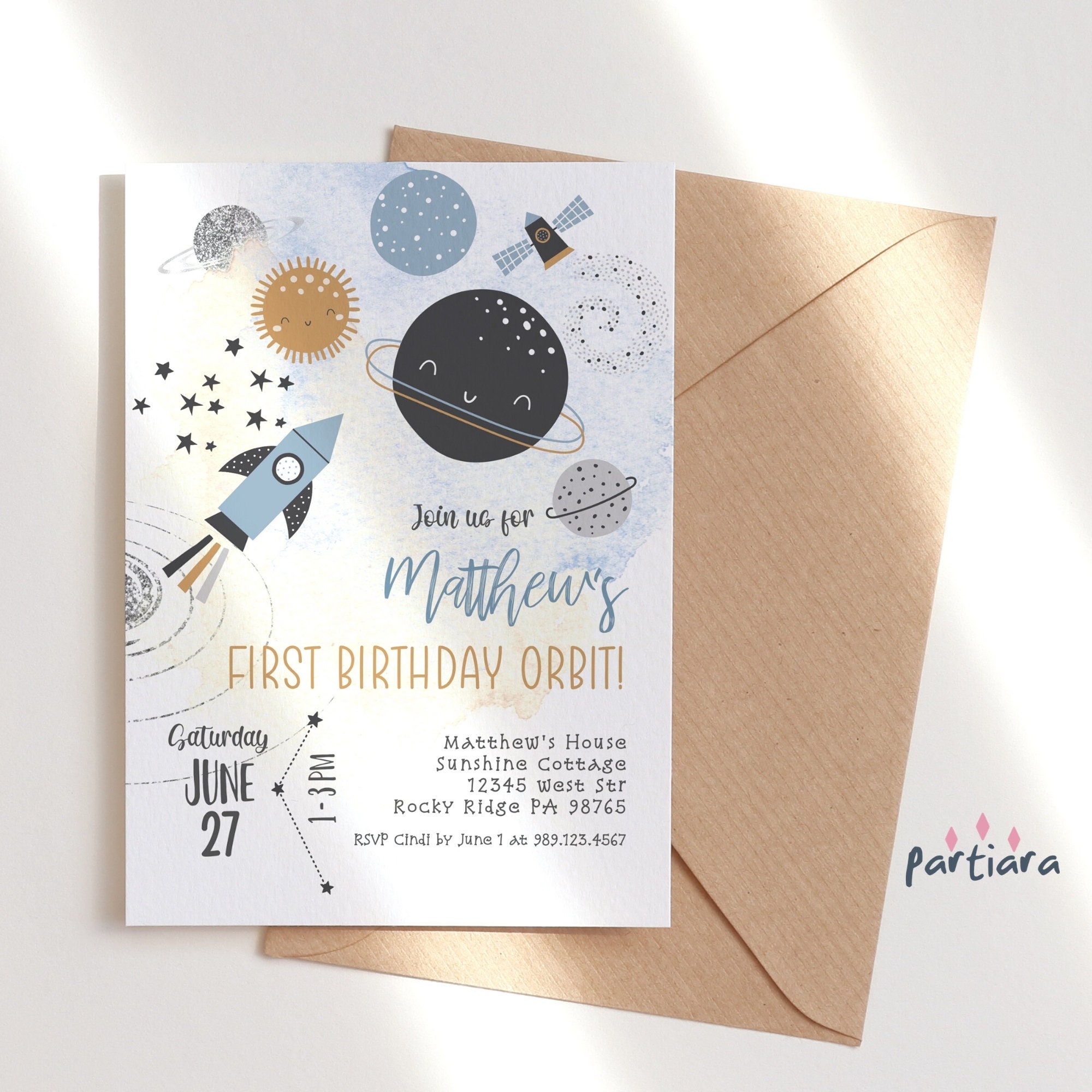 Boys Space Birthday Invite Printable 1st First Birthday Orbit - Etsy