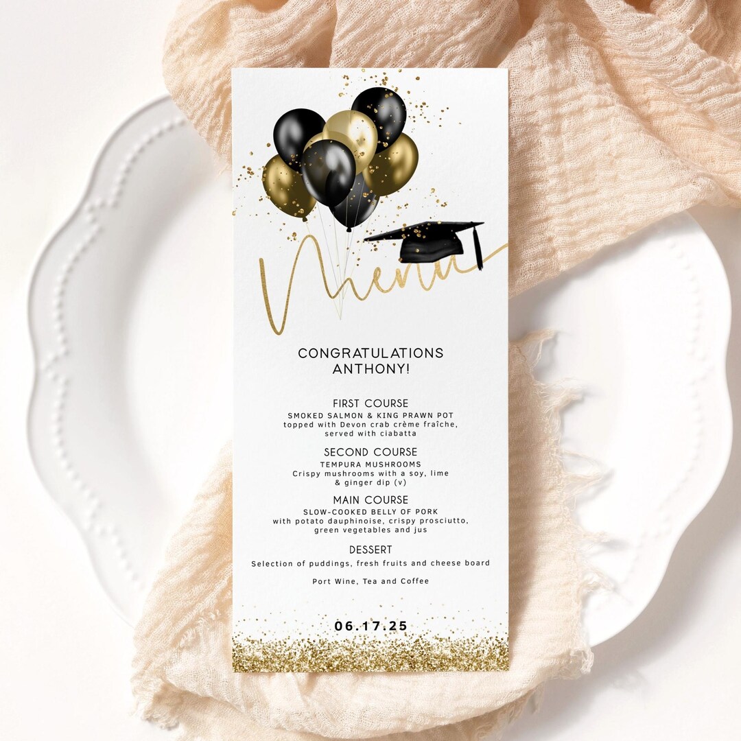 Graduation Dinner Menu Template, Boys Grad Bash Party Table Menus ...