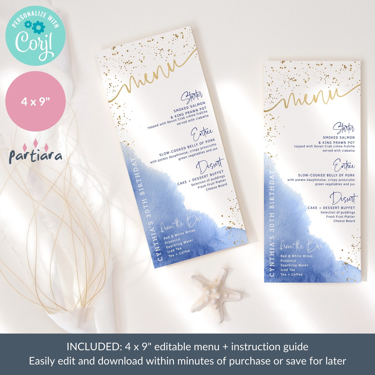 Blue Gold Menus Mens Birthday Dinner Party Slim Menu Card - Etsy