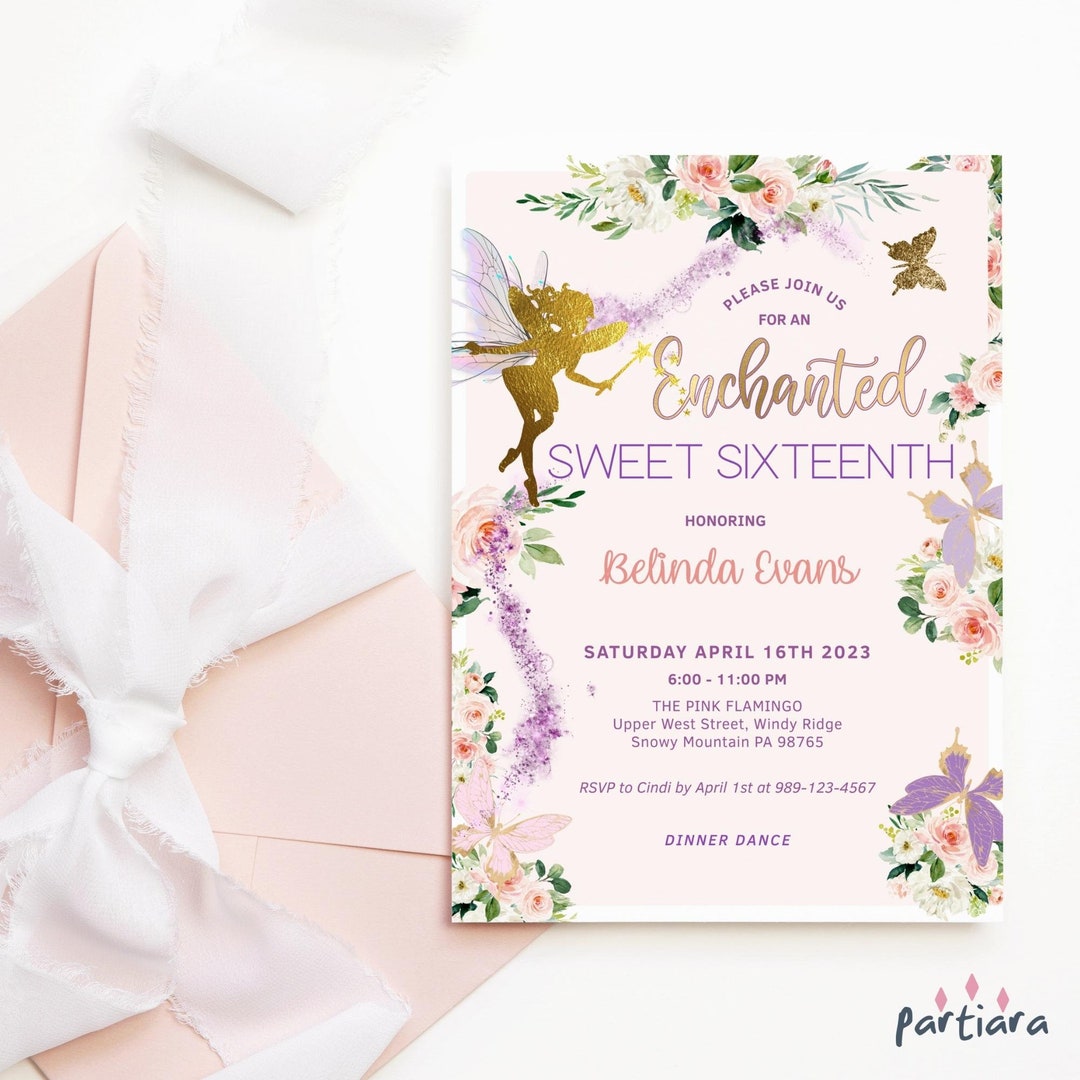 Enchanted 16th Birthday Invite Fairy Butterfly Floral Party Invitations ...